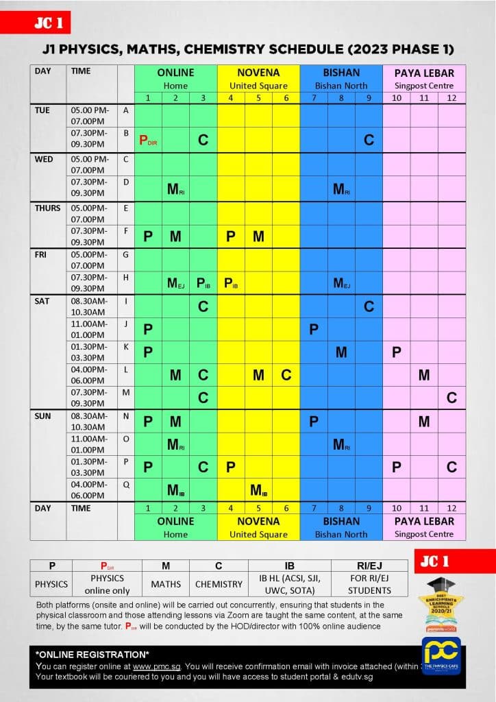 2023 Classes Schedule (Physics, Maths, Chemistry) - PMC.SG EDUCATION GROUP