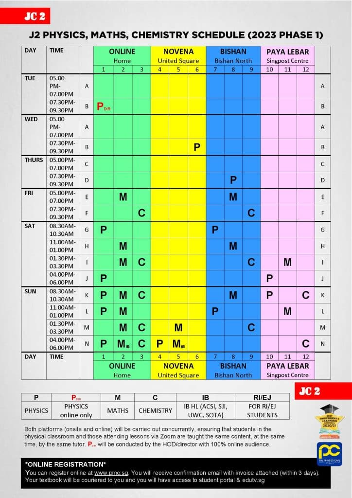 2023 Classes Schedule (Physics, Maths, Chemistry) - PMC.SG EDUCATION GROUP